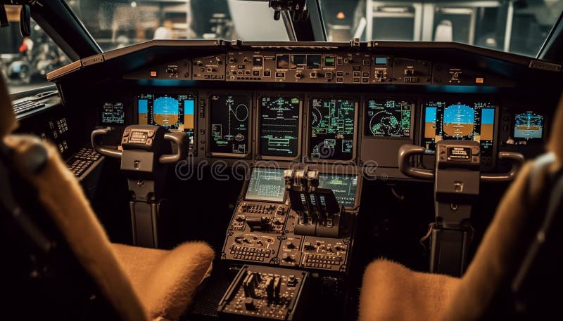 Inside Cockpit, Engineer Working on Airplane Control Panel and ...