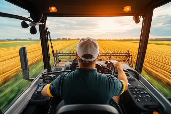 Inside a Combine Cabin, the Operator Skillfully Manages the Controls ...