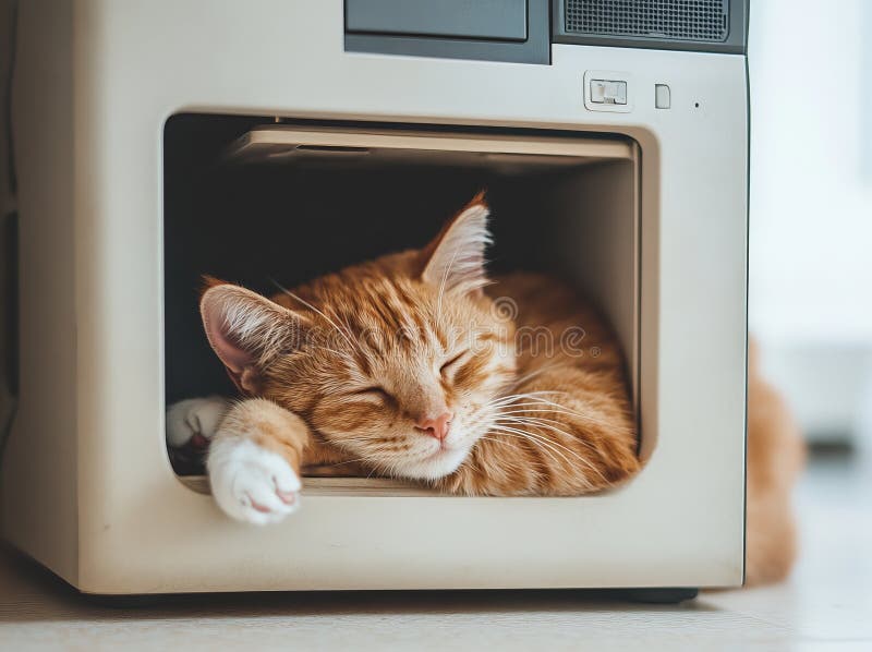 Inside a Computer System Unit, a Fluffy Pet Cat with Ginger Fur Lies ...
