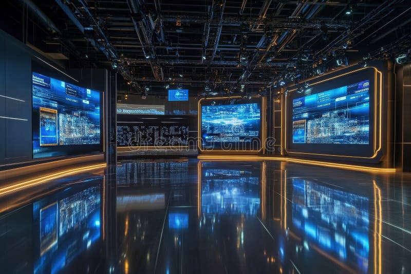Modern Broadcast Studio Featuring High-tech Screens and Sleek Design ...