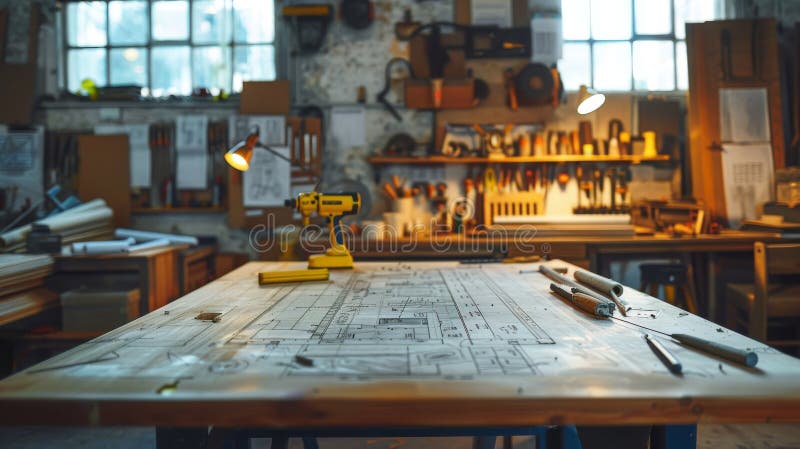 Artisan Workshop with Detailed Blueprint on Table in Cozy, Well ...