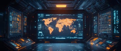 Inside a Cutting-edge Command Center or Spy Base Control Room, Featuring Digital Dashboards and ...