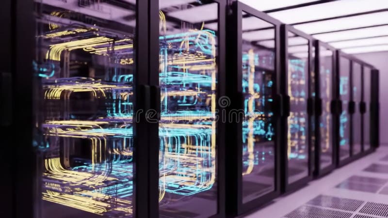 Exploring a Modern Data Center Filled with Interconnected Server Racks ...