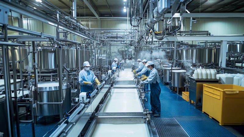 Milk Processing Facility with Workers Managing Production Lines in a ...
