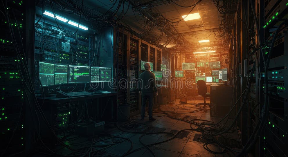 Wandering through a Dimly Lit Data Center at Night, Surrounded by Rows ...