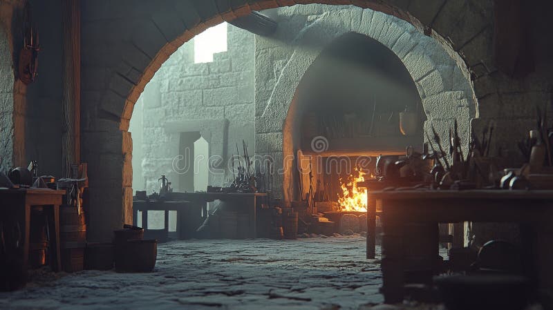 Inside a Dark Stone Storage Room with a Fireplace, Capturing the ...