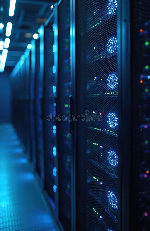 Inside Data Center with Rows of Server Racks. Computer Modules Power ...