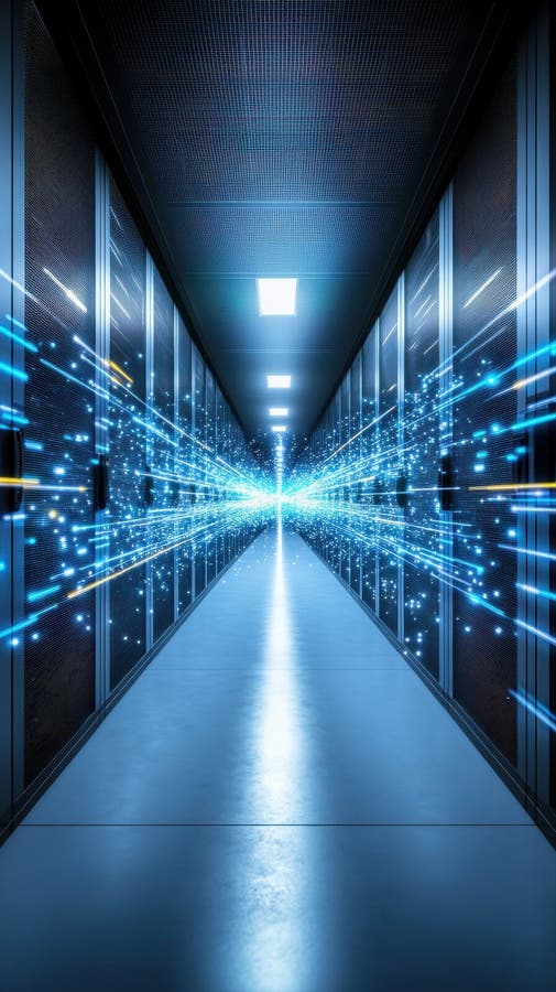 Inside a Data Center, Rows of Server Racks Glow with Blue and Yellow ...