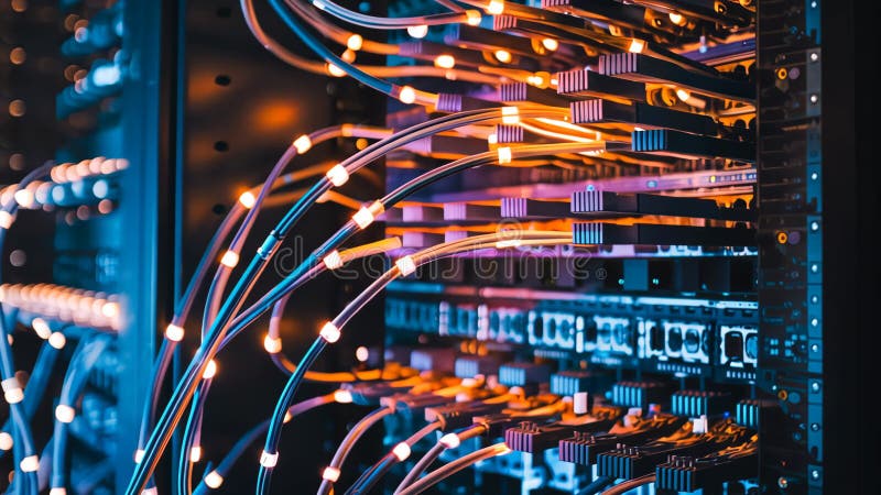 Inside Data Center Room Showing Server Racks and Wiring Cables at Night ...