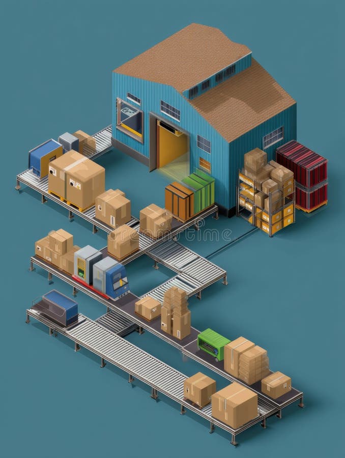 Isometric Illustration of a Delivery Warehouse with Parcels on Moving ...