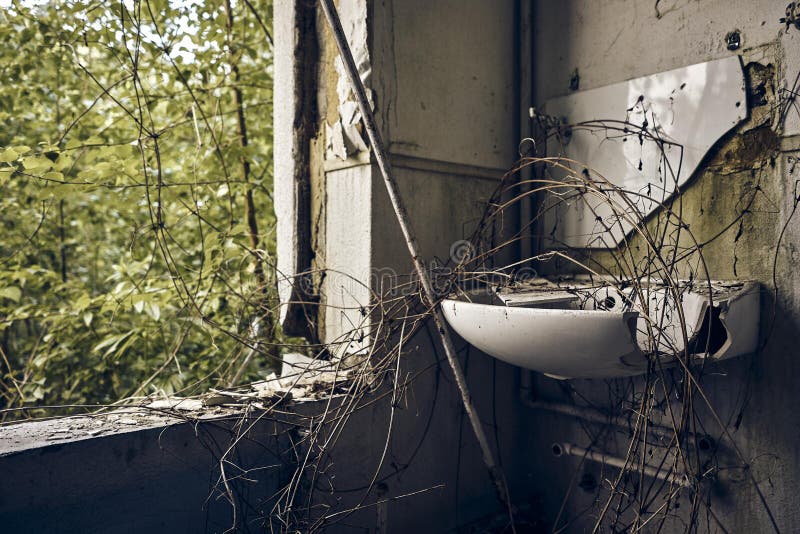Inside of Destroyed Building on Background of Trees Stock Image - Image ...