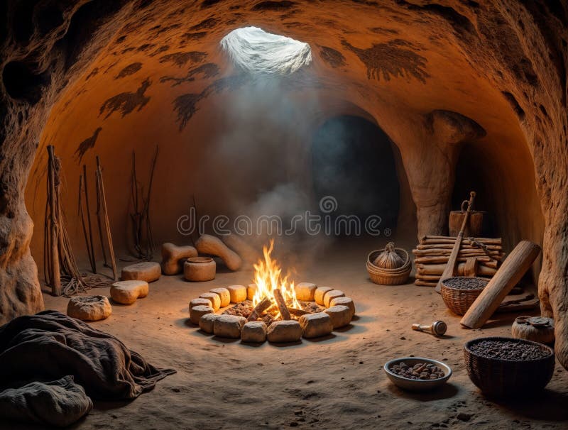 Campfire Gathering Inside a Prehistoric Cave with Ancient Artwork and ...