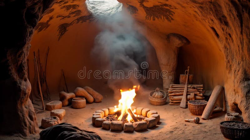 Campfire Gathering Inside a Prehistoric Cave with Ancient Artwork and ...