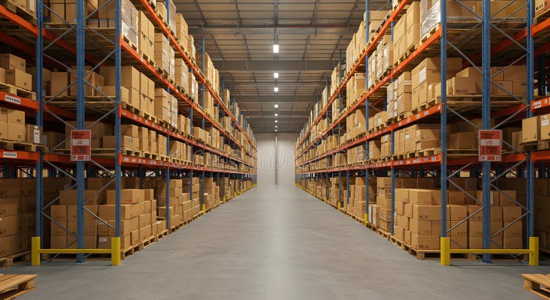 Inside Distribution Warehouse Aisle with Racks of Cardboard Boxes on ...