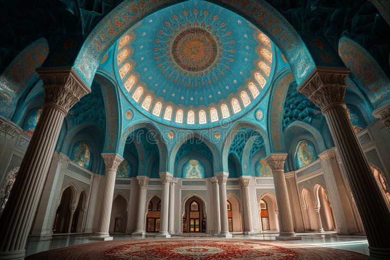 Inside of the Dome of an Indoor Building with Columns, Blue Walls, and ...
