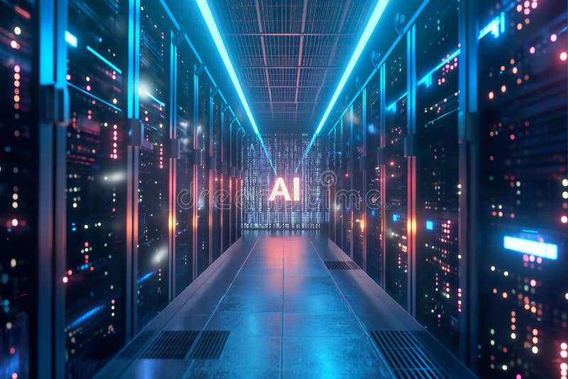 Inside a Dynamic Data Center with a Central AI Sign, Illustrating the ...