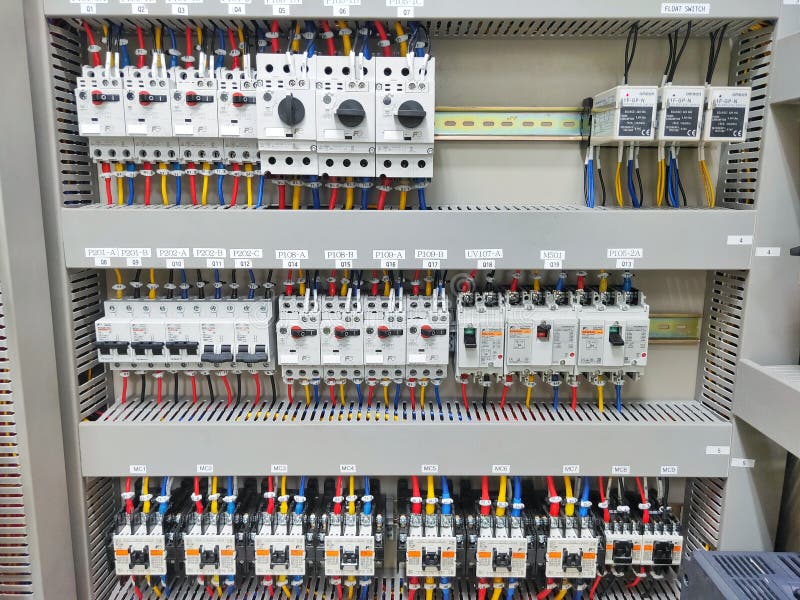 Inside of Electrical Cabinet with Relay, Circuit Breaker, Switch, Wire ...