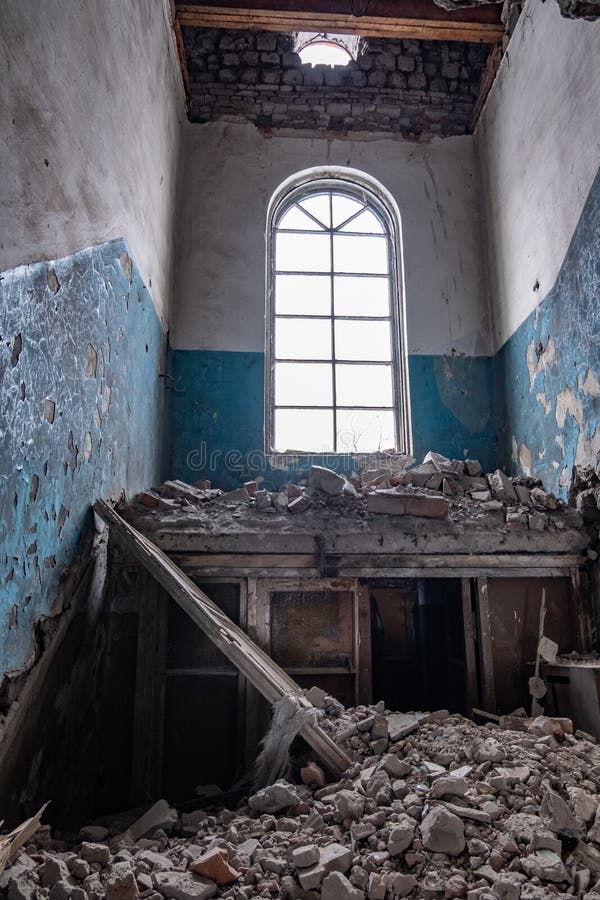 Inside Empty Destroyed Building, Collapsed Walls and Roof Stock Photo ...