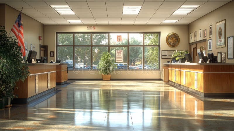 Inside Empty DMV Office. Government Building Interior with Counters ...