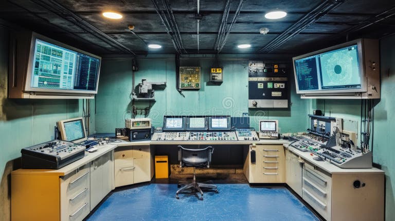 Empty Nuclear Bunker Control Room with Computer Screens Displaying Data ...
