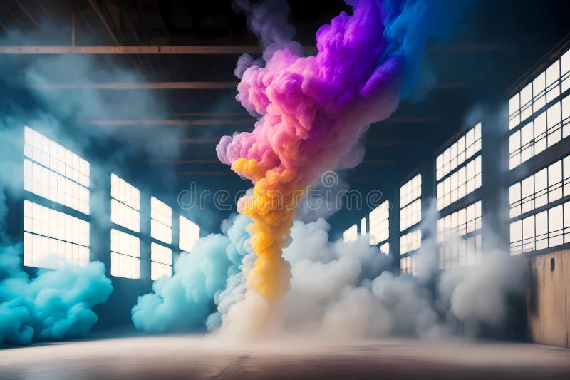 Inside Empty Warehouse Clouds of Color Smoke Explosion Stock Image ...