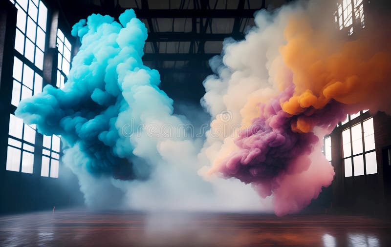 Inside Empty Warehouse Clouds of Color Smoke Explosion Stock Photo ...