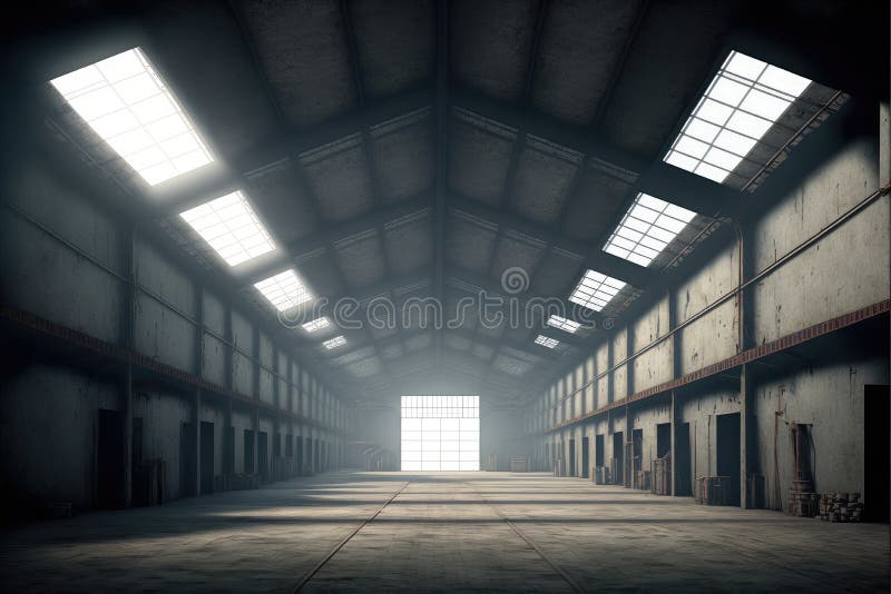 Inside Empty Warehouse or Hangar with Large Structure for Industrial ...