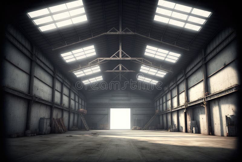 Inside Empty Warehouse or Hangar with Large Structure for Industrial ...