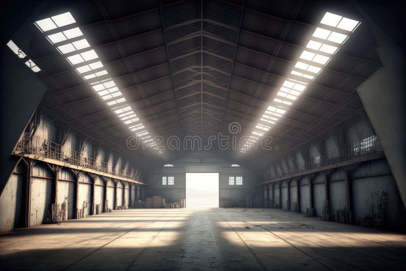 Inside Empty Warehouse or Hangar with Large Structure for Industrial ...