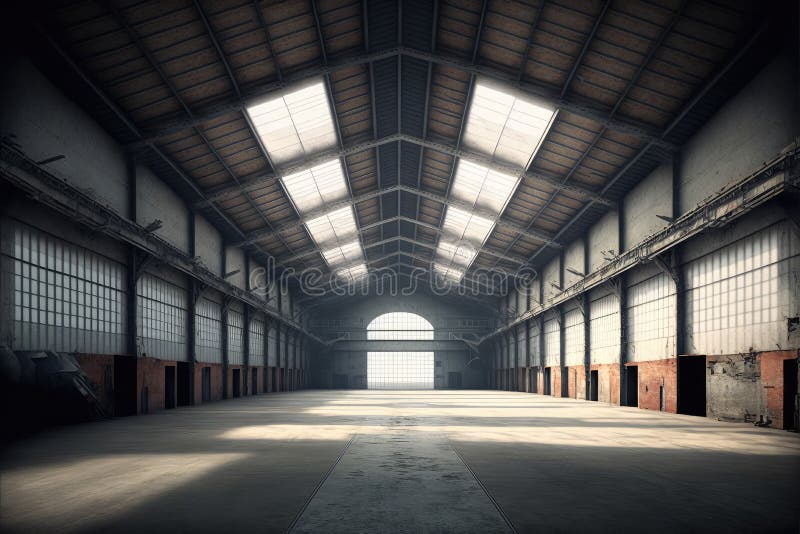 Inside Empty Warehouse or Hangar with Large Structure for Industrial ...
