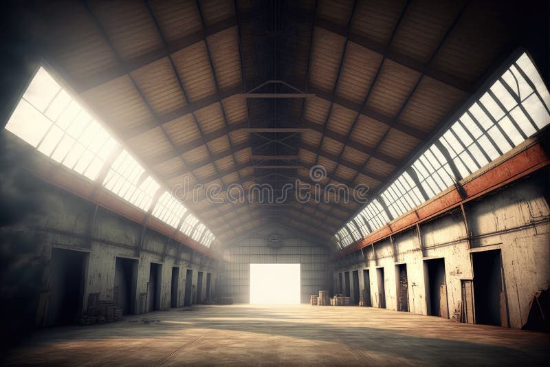 Inside Empty Warehouse or Hangar with Large Structure for Industrial ...