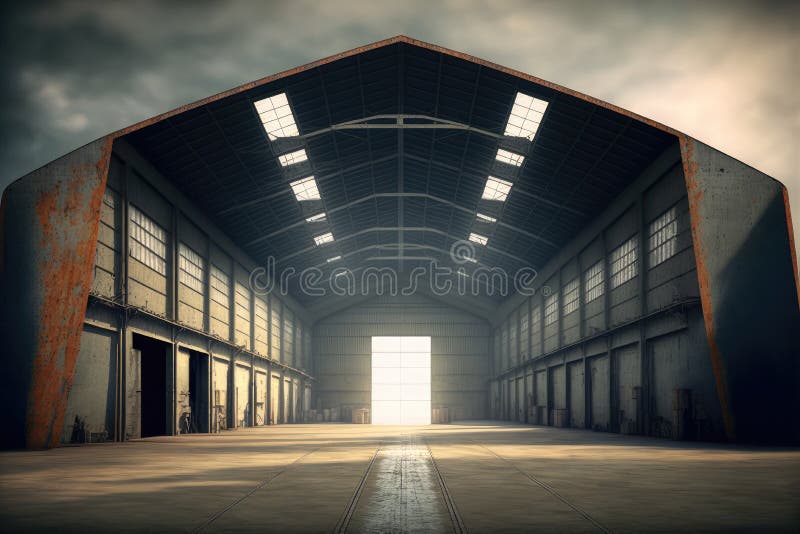 Inside Empty Warehouse or Hangar with Large Structure for Industrial ...