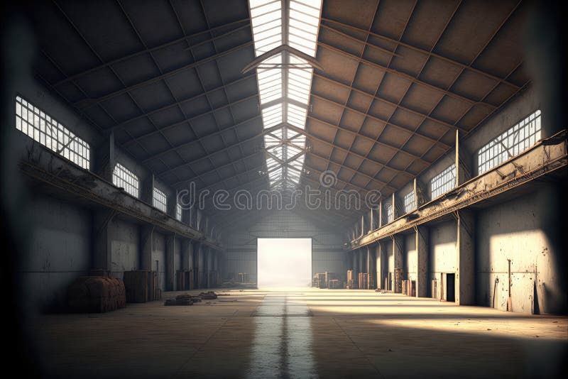 Inside Empty Warehouse or Hangar with Large Structure for Industrial ...