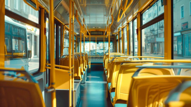 Empty Yellow Bus Interior with Long Shot View on a City Street during ...
