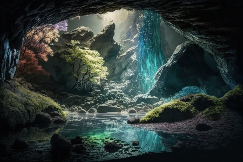 Inside a Fantasy Cave with Water and Sunrays. Generative AI Stock ...