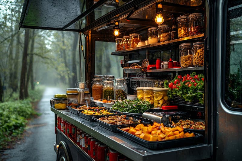 Inside a Food Truck, a Kitchen Where Vegetables and Meat are Chopped ...
