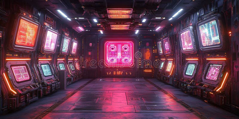Inside of Futuristic Spaceship Command Center with Glowing Monitors and ...