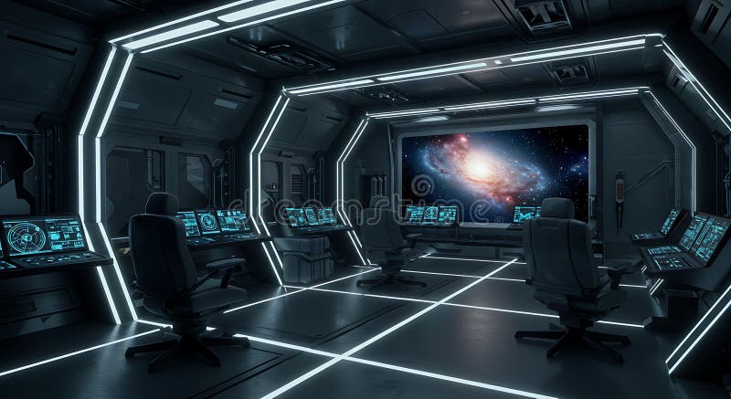 Inside Futuristic Spaceship Control Room with Galaxy View Screen and ...