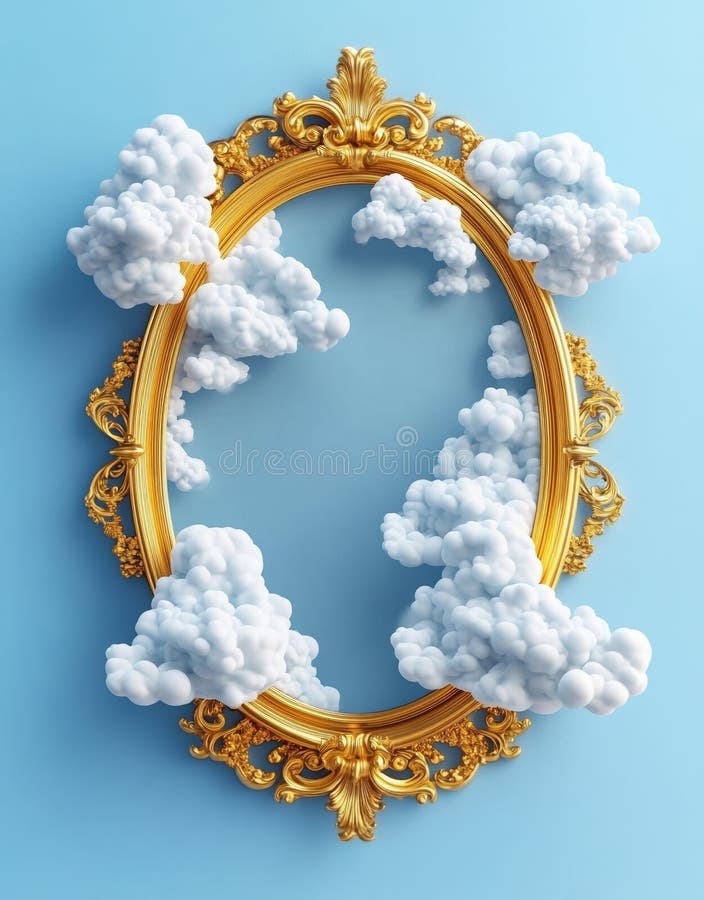 Inside a Golden Oval Frame, Sky Clouds Spill in, Forming a Surreal and ...