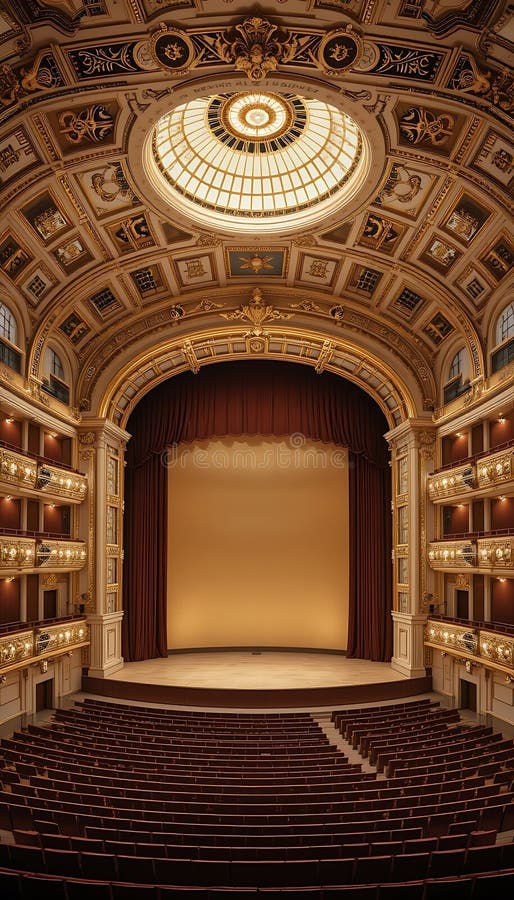 Inside Grand Theater with Ornate Ceiling and Rows of Empty Seats Stock ...
