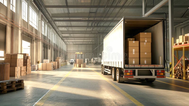 Inside a High-ceilinged Warehouse, a Truck with Open Doors is Actively ...