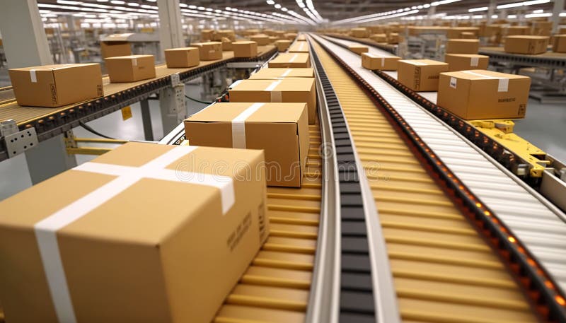 Inside a High-Tech Factory Assembling Conveyor Belt Line with Boxes ...