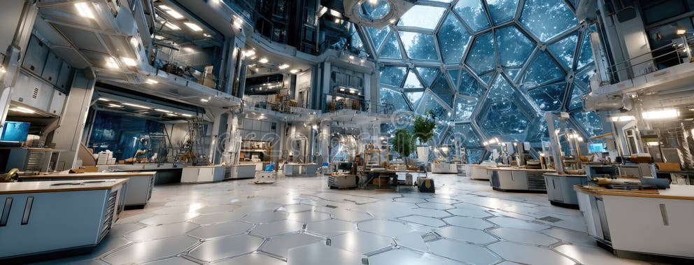 Inside a High-tech Laboratory, Crew Members Perform Experiments Amid Large Hexagonal Windows and ...