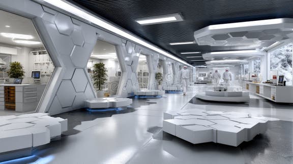 Inside a High-tech Laboratory, Crew Members Perform Experiments Amid Large Hexagonal Windows and ...