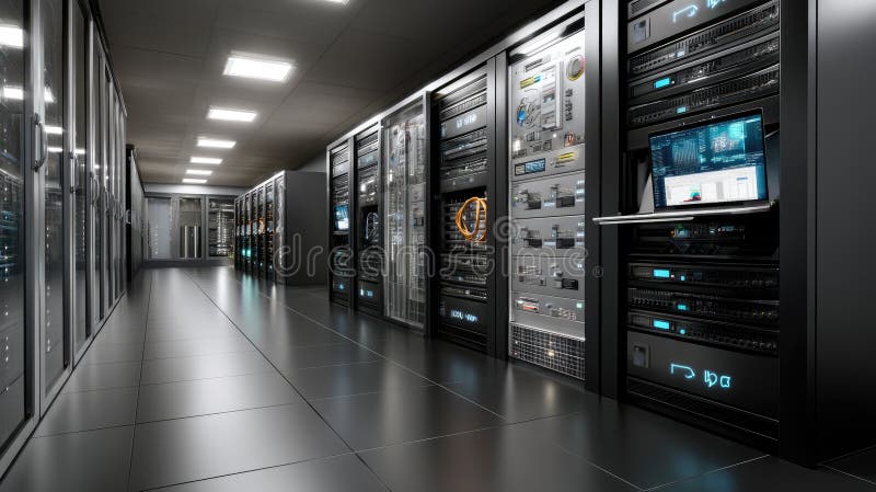 Inside a High-tech Server Room, a Glowing Data Center is Illuminated by ...