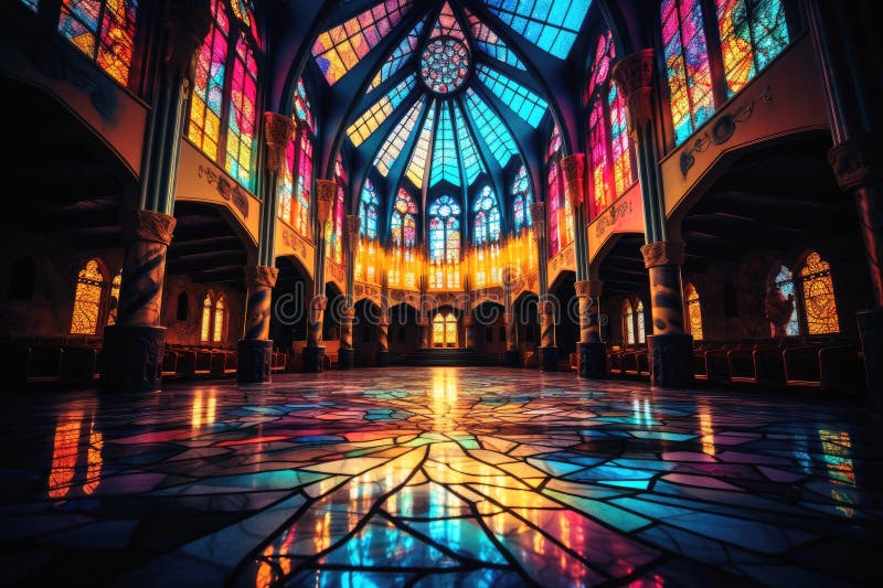 Inside a Huge Church with Colorful Stained Glass Stock Illustration ...