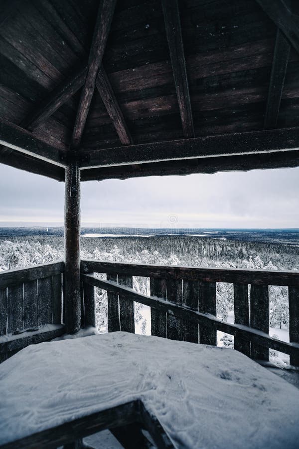 Inside Icy Lookout Tower Over Winter Forest in Rovaniemi, Lapland Stock ...