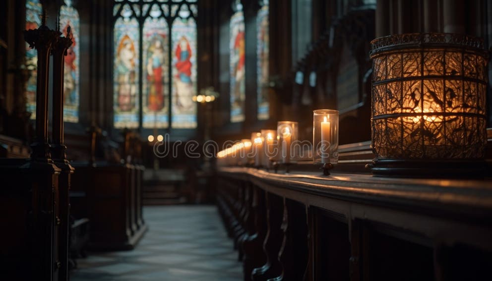 Inside the Illuminated Medieval Chapel, the Priest Lights a Candle ...