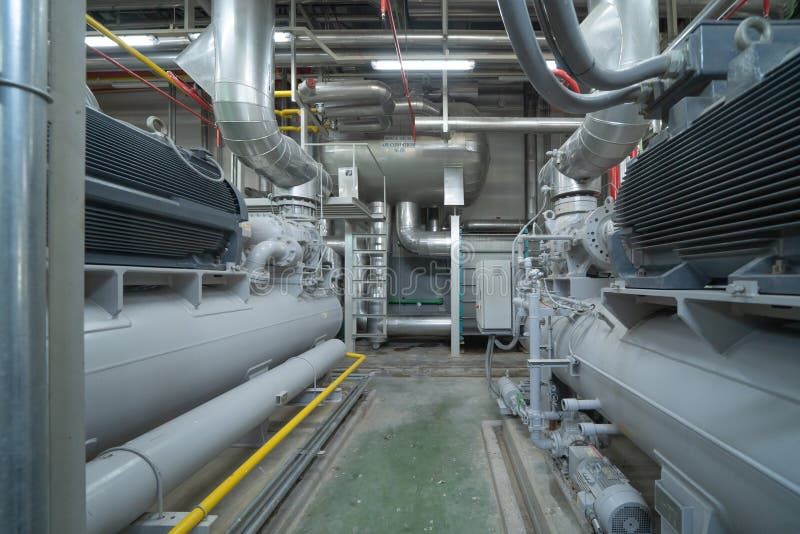 Inside of Industry Factory. Chiller Tower or Cooling Tower in Building ...
