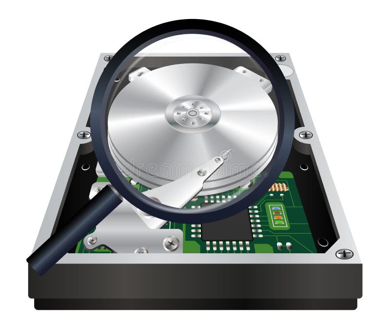 Inside of internal hard disk with a magnifying glass scanning, An ...